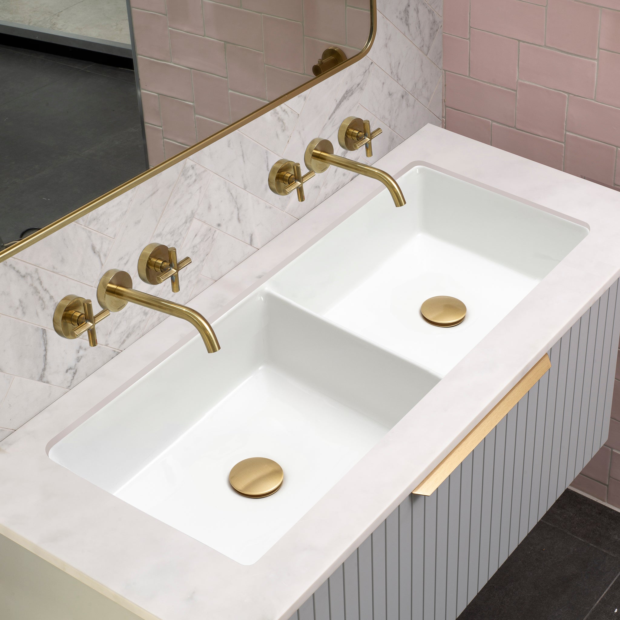 Retti Rectangular 880mm x 390mm Under-Counter Basin with Double Sink a ...